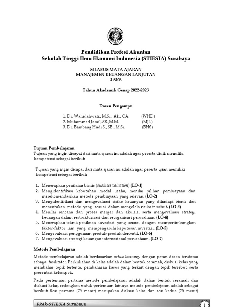 Silabus Manajemen Keuangan Lanjutan - TA GNP 22-23 (A32+A33) As | PDF