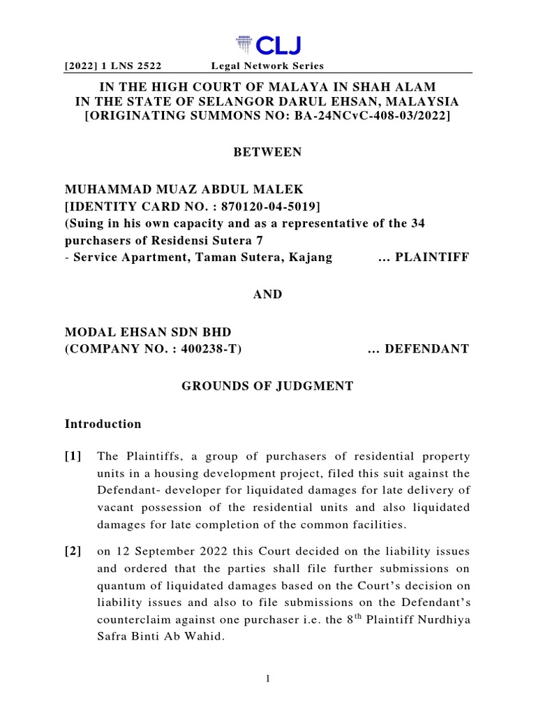 MUHAMMAD MUAZ ABDUL MALEK V MODAL EHSAN SDN BHD (2022) 1 LNS 2522 | PDF | Lawsuit | Fee