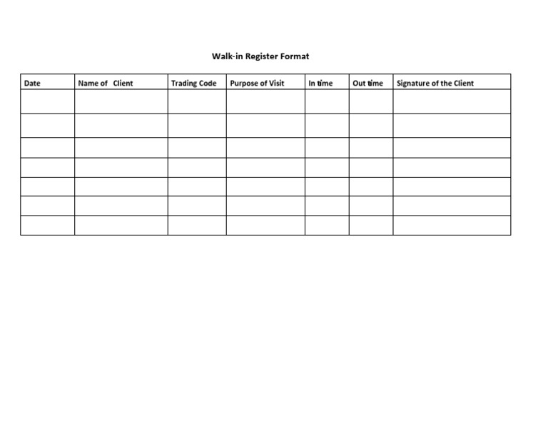 Walk-In Register Format: Date Name of Client Trading Code Purpose of ...