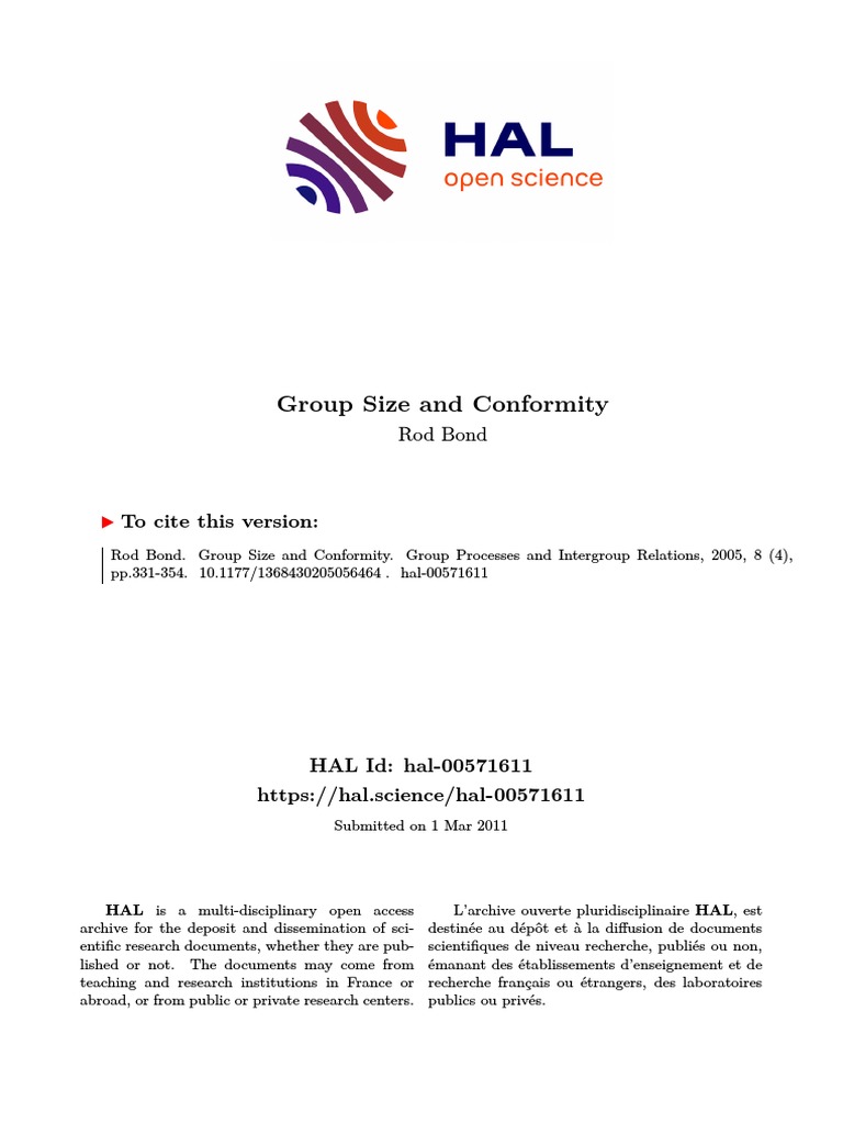 Group Size and Conformity: To Cite This Version | PDF | Conformity ...