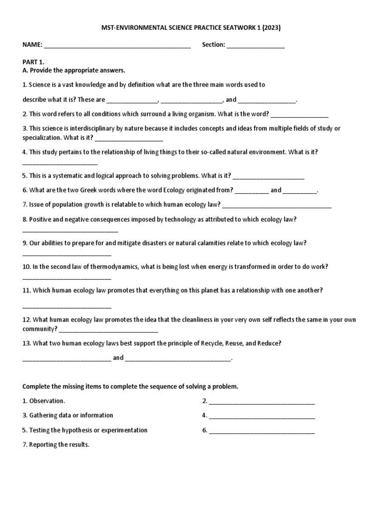 Mst-Environmental Science Practice Seatwork 1 (2023) NAME: - Section ...