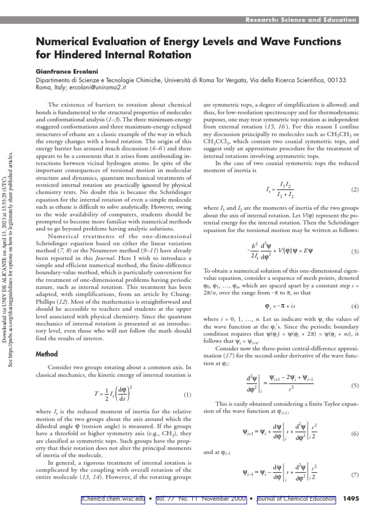 Numerical Evaluation of Energy Levels and Wave Functions For Hindered Internal Rotation | PDF ...