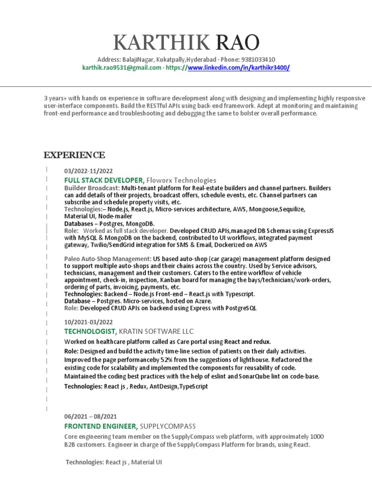 FUll Stack Resume Template | PDF | Angular Js | Product Development