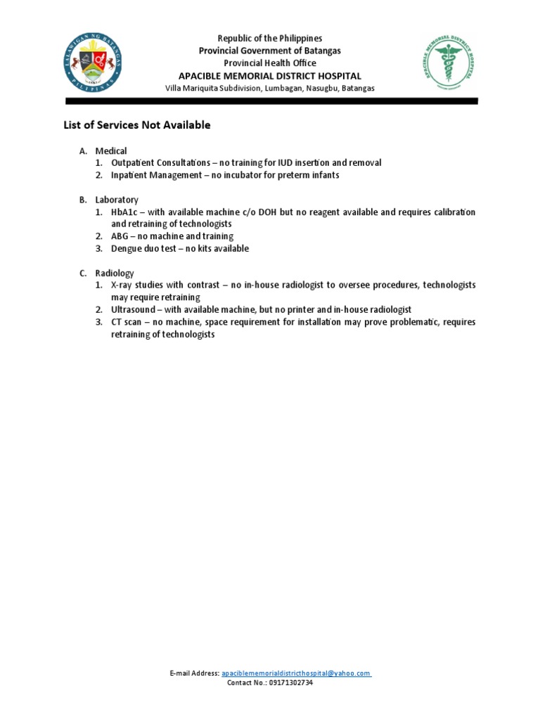 List of Services Not Available: Apacible Memorial District Hospital | PDF