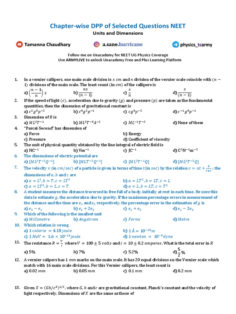 Chapter-wise DPP of Selected Questions NEET Units and Dimensions | PDF | Temperature | Force