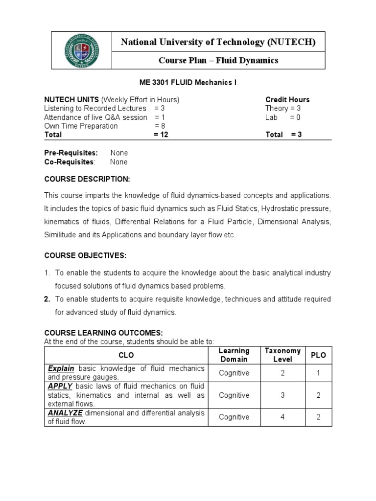 Fluid Mechanics 1 Course Plan | PDF | Fluid Mechanics | Fluid Dynamics