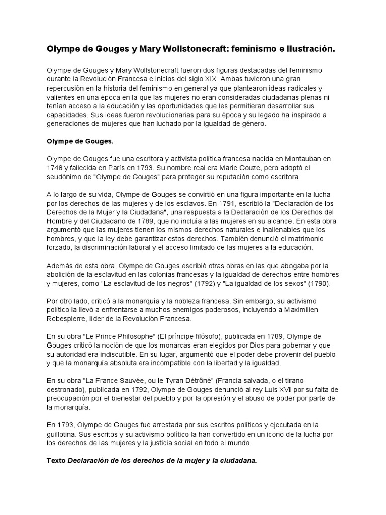 Olympe de Gouges y Mary Wollstonecraft | PDF | Mary Wollstonecraft | Feminismo
