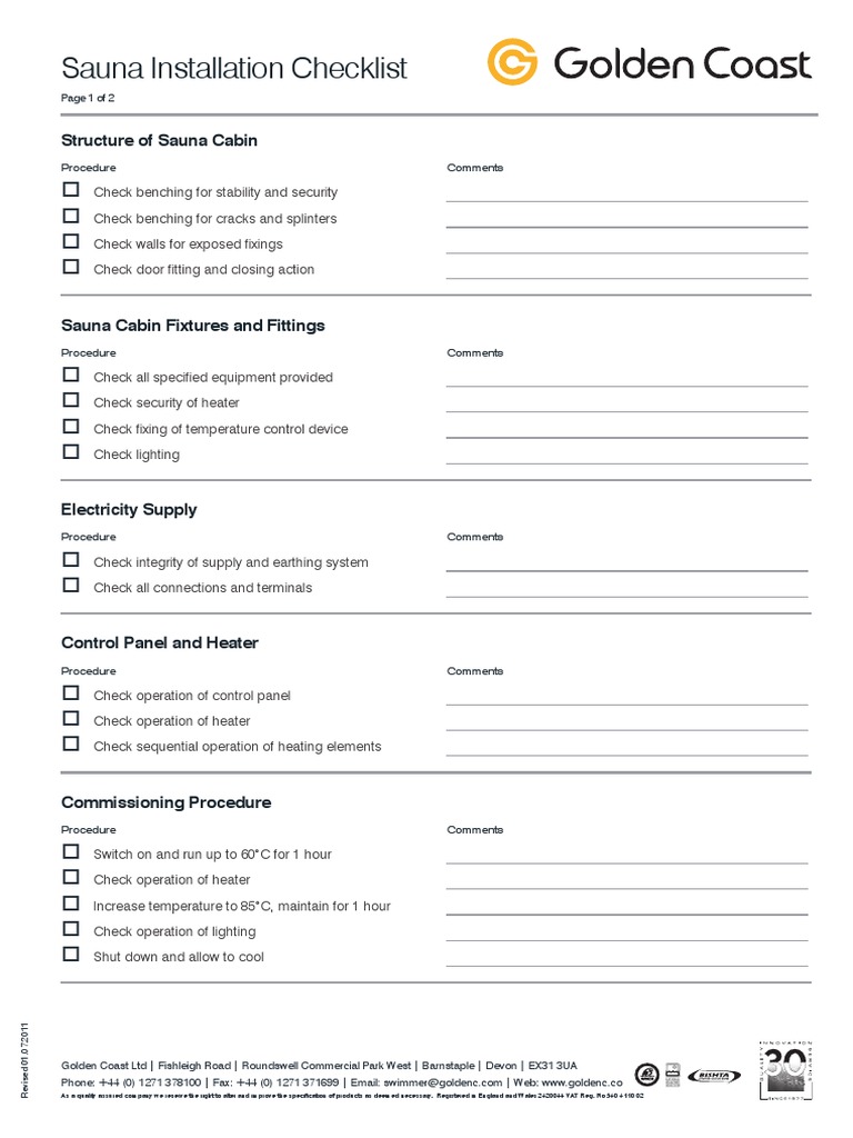 Sauna Installation Checklist | Download Free PDF | Manufactured Goods | Electrical Engineering