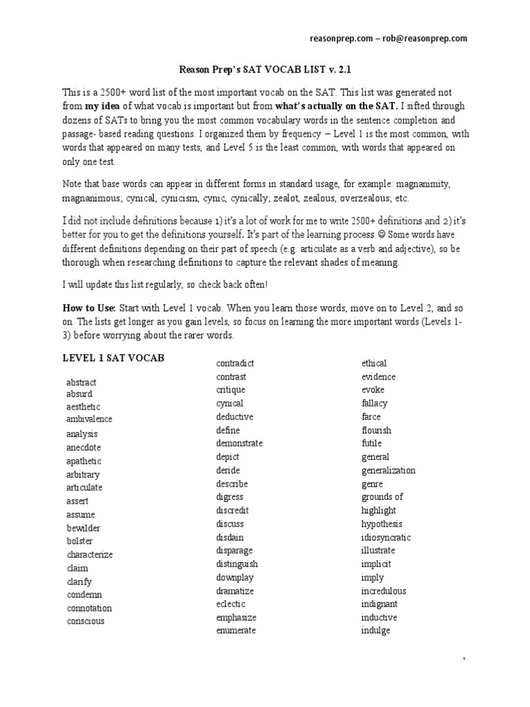 Reason Prep's SAT VOCAB LIST v. 2.1 | PDF | Vocabulary | Sat