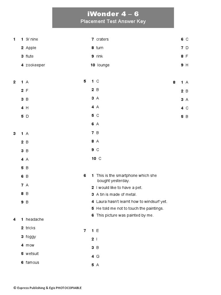 Iwonder 4 - 6: Placement Test Answer Key | PDF