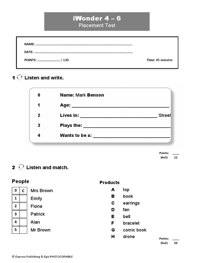 Iwonder 4 - 6: Placement Test | PDF