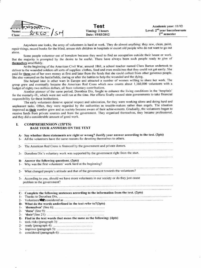 Test 1 Model 8 English 2 Bac Second Term | PDF
