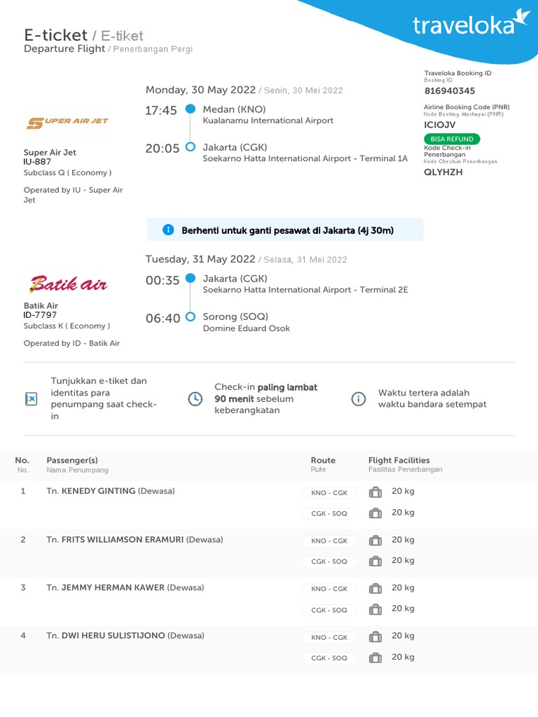 Contoh E-Tiket Pesawat Traveloka | PDF