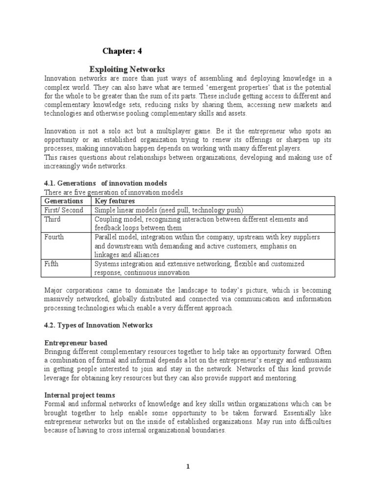 Exploiting Networks: 4.1. Generations of Innovation Models Generations Key Features | PDF ...