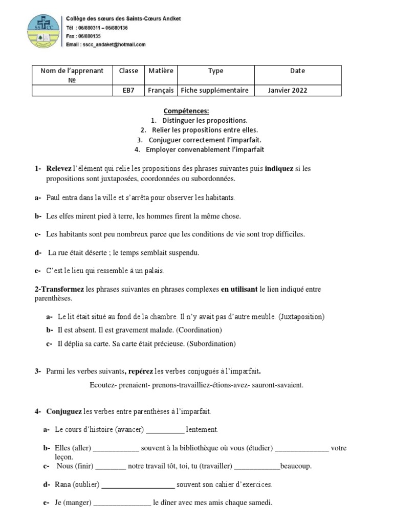 Fiche de Français EB7 : Imparfait et Propositions | PDF | Arts du ...