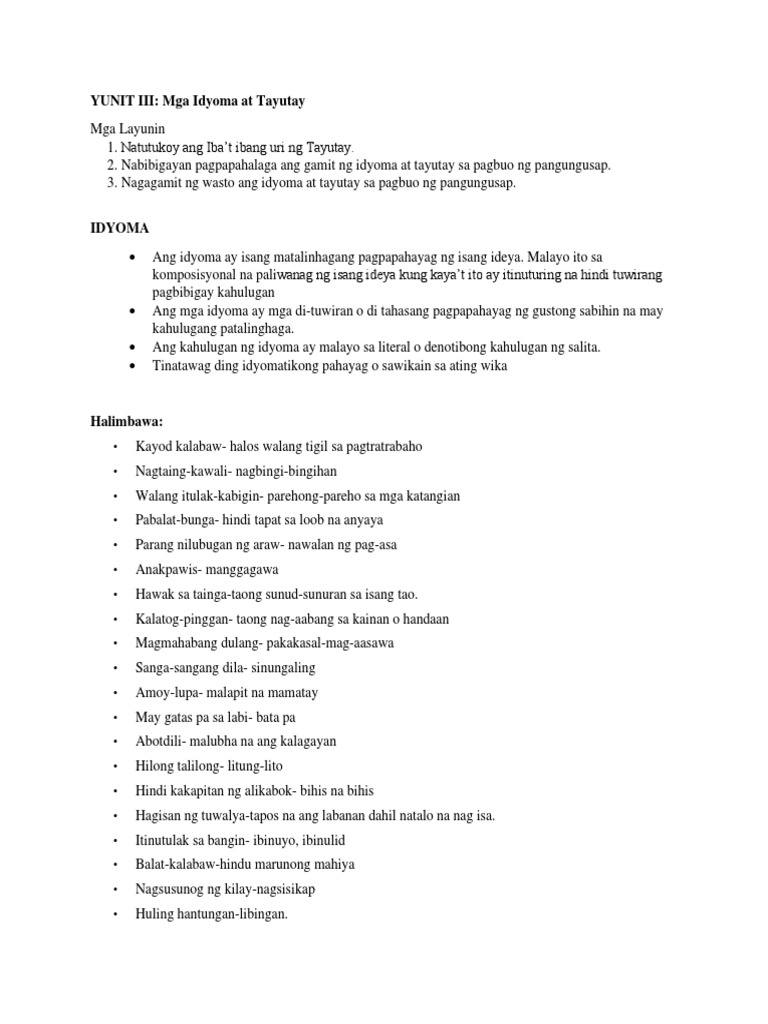 Yunit Iii Idyoma at Tayuray | PDF
