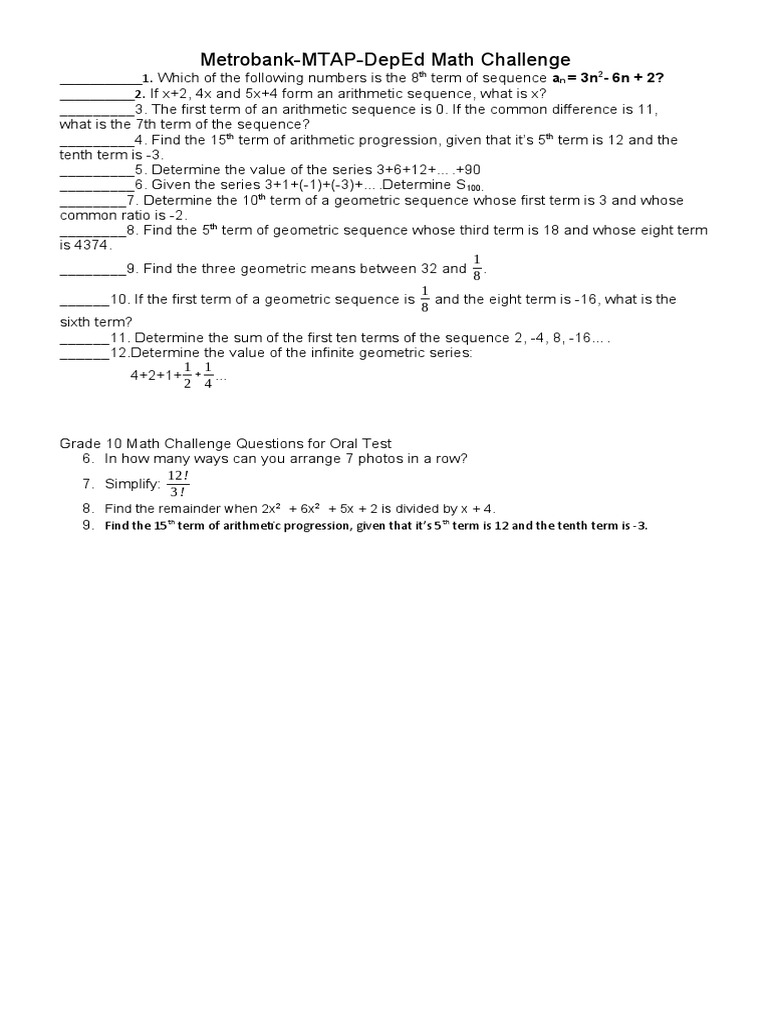 Grade 10 MTAP Math Challenge Questions | PDF