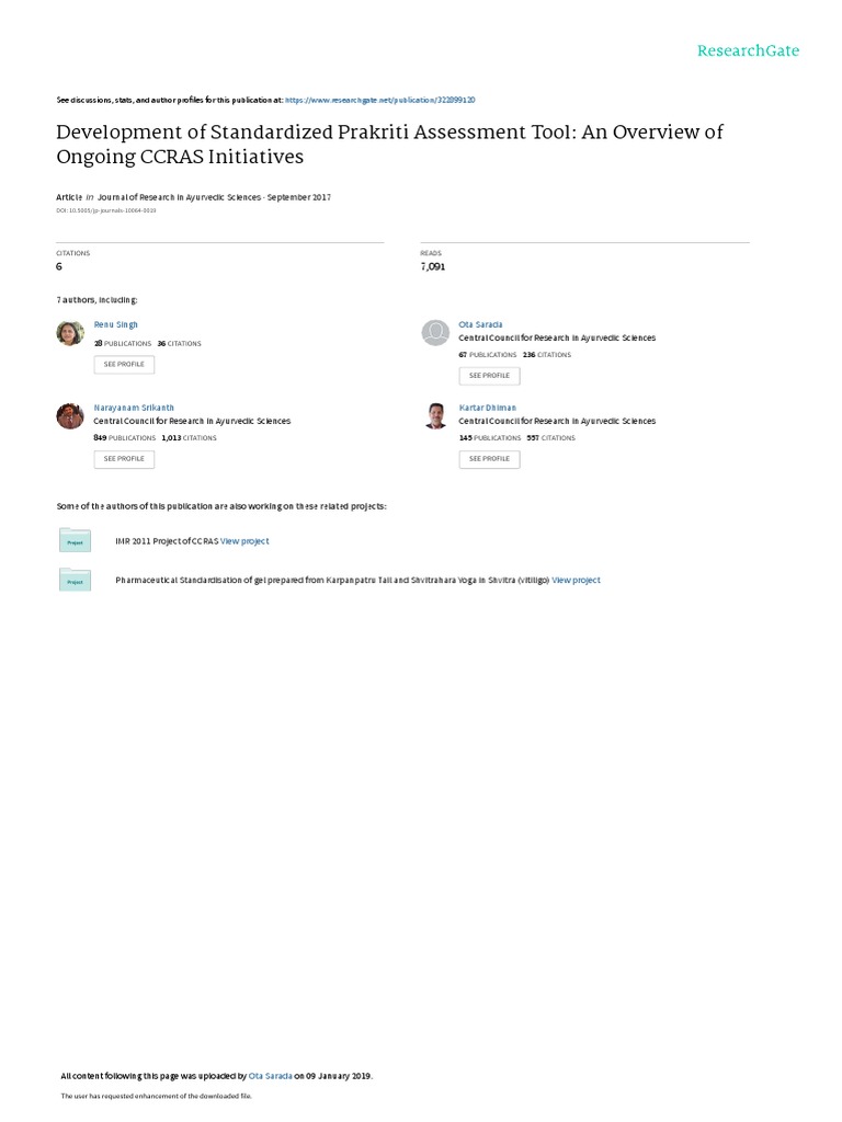 Developmentof Standardized Prakriti Assessment Tool An Overviewof 0 AOngoing CCRASInitiatives ...