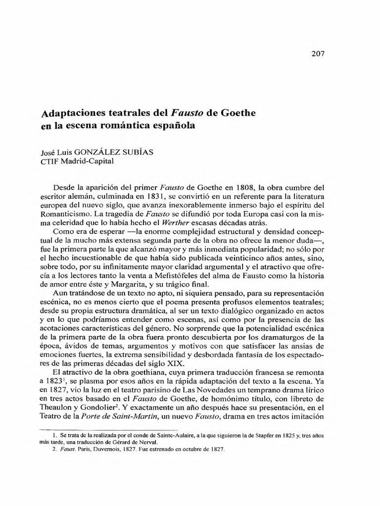 Adaptaciones Teatrales Del Fausto de Goethe en La Escena Romantica ...