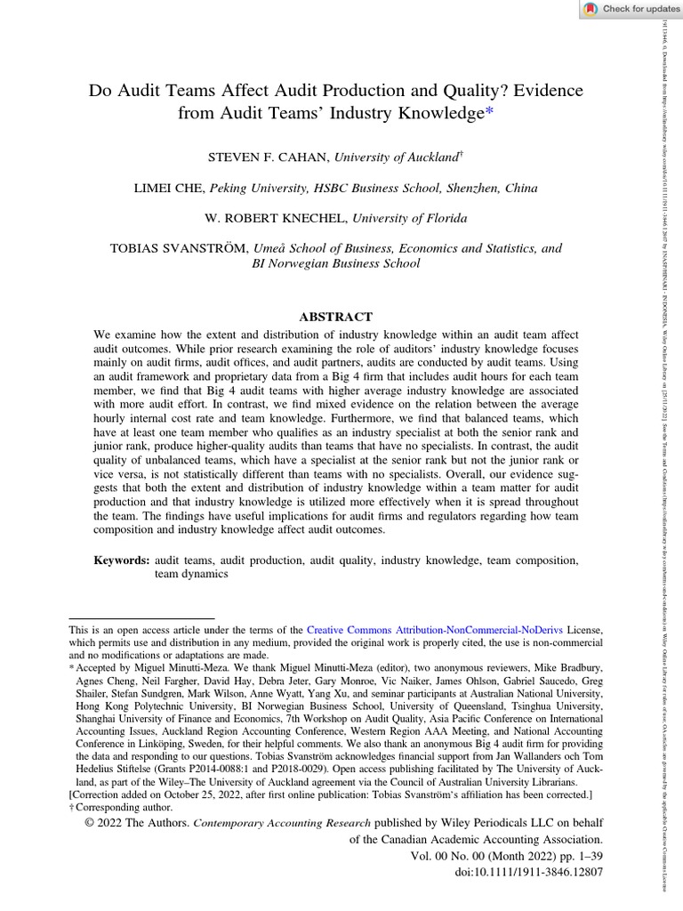 Do Audit Teams Affect Audit Production and Quality? Evidence From Audit Teams ' Industry ...
