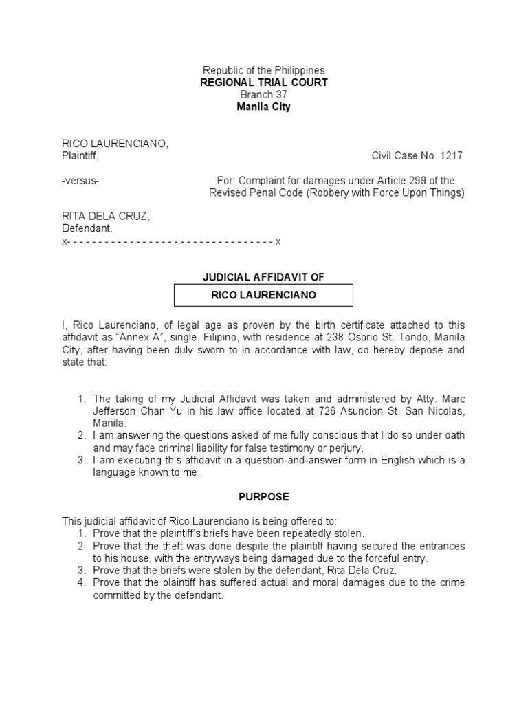 Regional Trial Court Manila City | PDF | Affidavit | Perjury