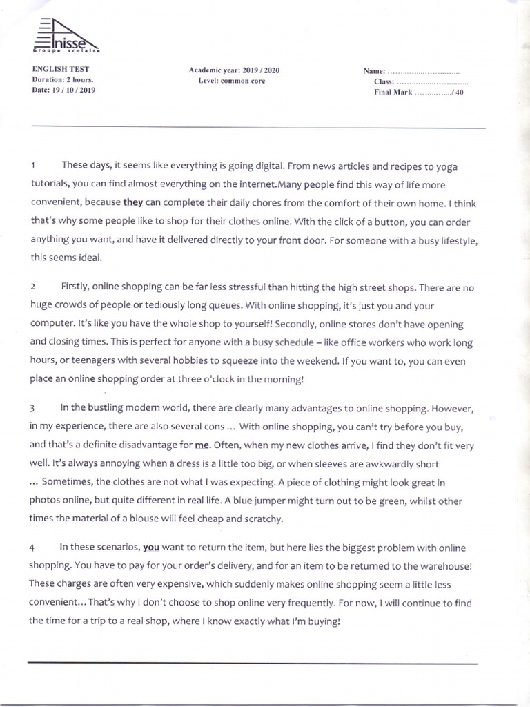 Test 1 Model 2 English Common Core First Term | PDF