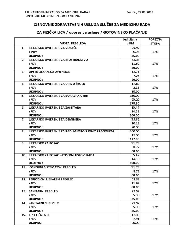 MEDICINA RADA-Cjenovnik | PDF