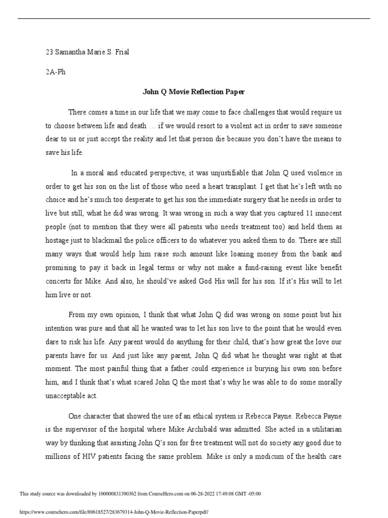 John Q Movie Reflection Paper | PDF | Utilitarianism | Applied Ethics