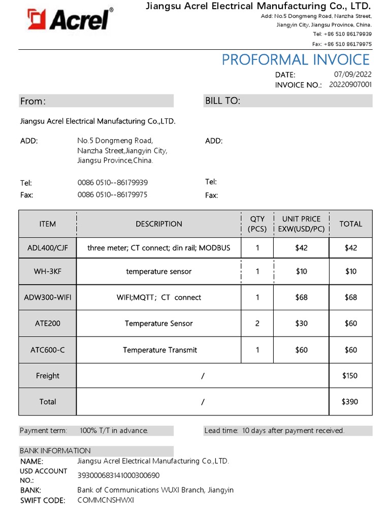 Proformal Invoice: From Bill To | PDF | Computing | Service Industries