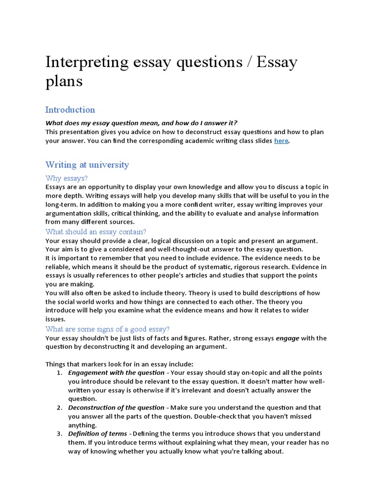 Interpreting Essay Questions - Essay Plans | PDF | Essays | Question
