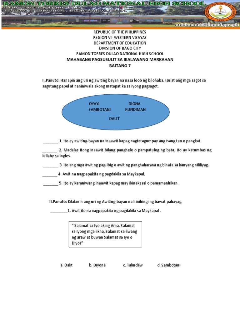 Mahabang Pagsusulit Sa Filipino7 Ikalawan Markahan | PDF