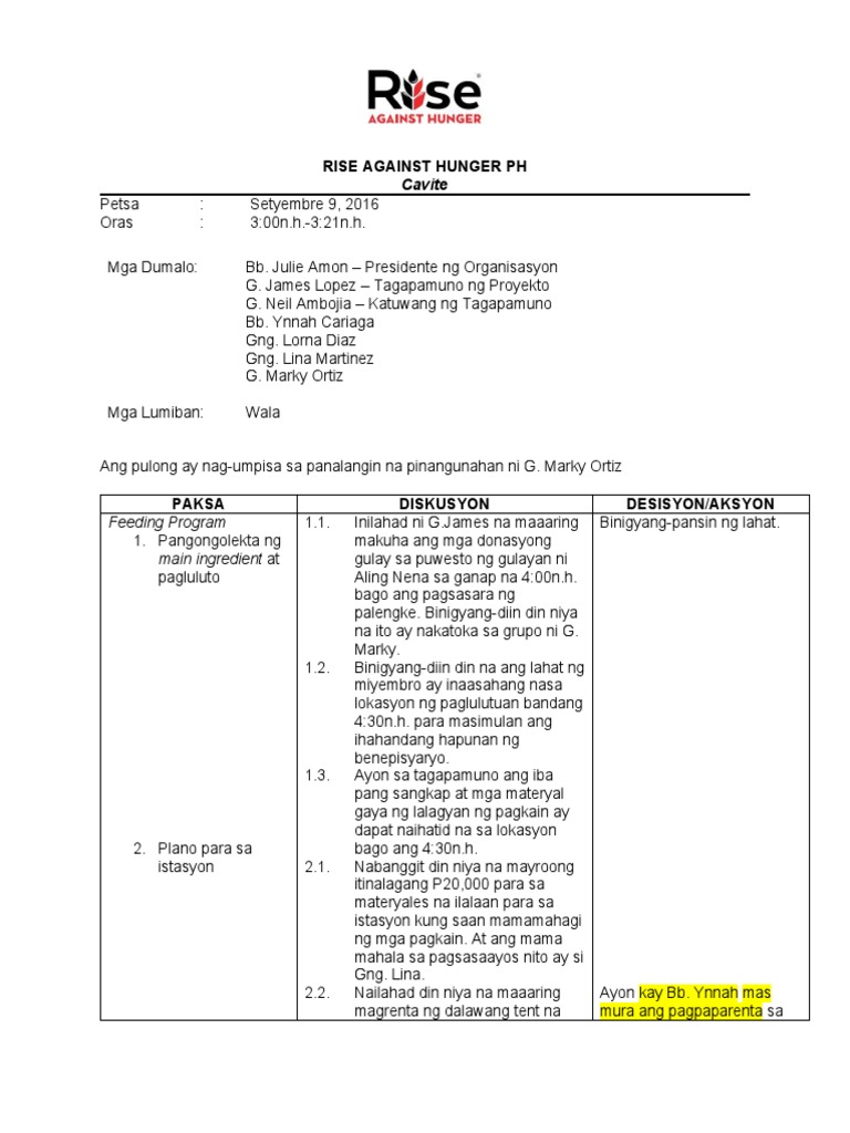 RISE FOR HUNGER PH (Sample Katitikan NG Pulong) | PDF