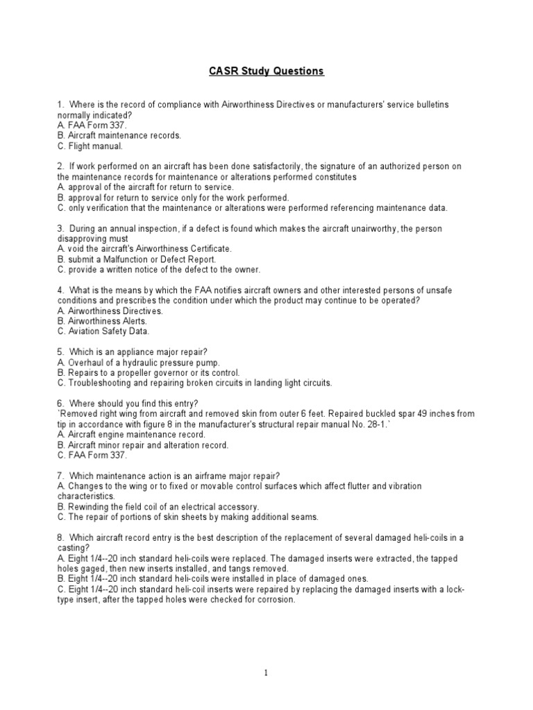 CASR Study Questions | PDF | Federal Aviation Administration | Aircraft