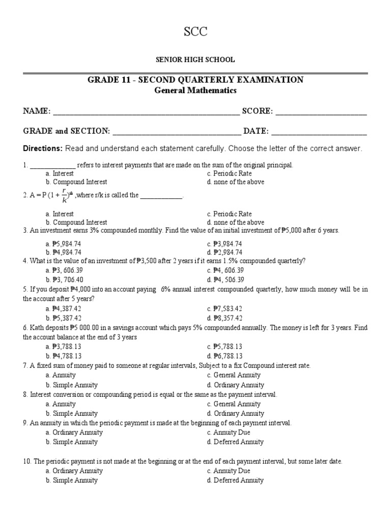 GRADE 11 - General Mathematics Examination | PDF | Stocks | Interest