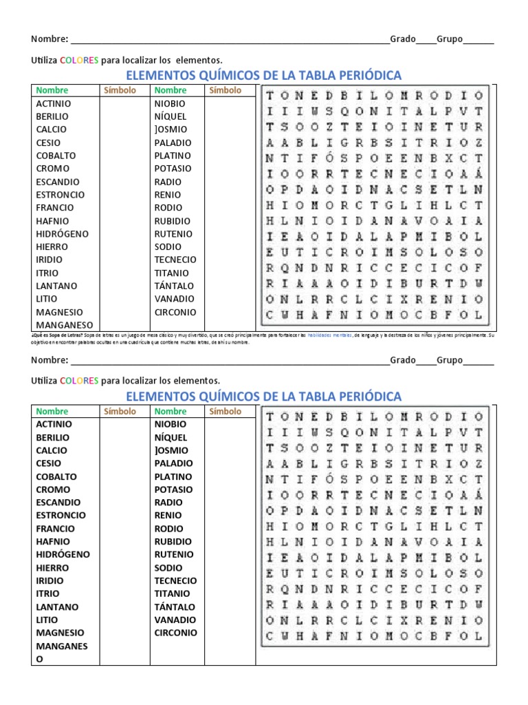Sopa de Letras-Elementos Químicos de La Tabla Periódica | PDF | Platino ...