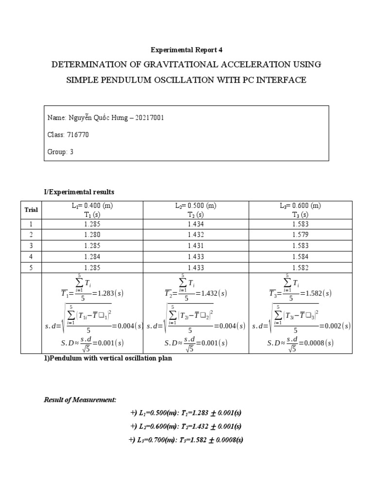 Experimental Determination of Gravitational Acceleration Using Pendulum Oscillation | PDF ...