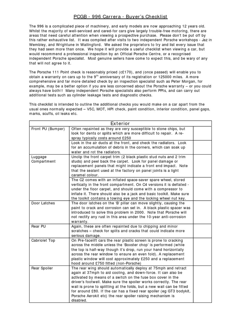 A Comprehensive Checklist for Evaluating Used Porsche 996 Carrera ...