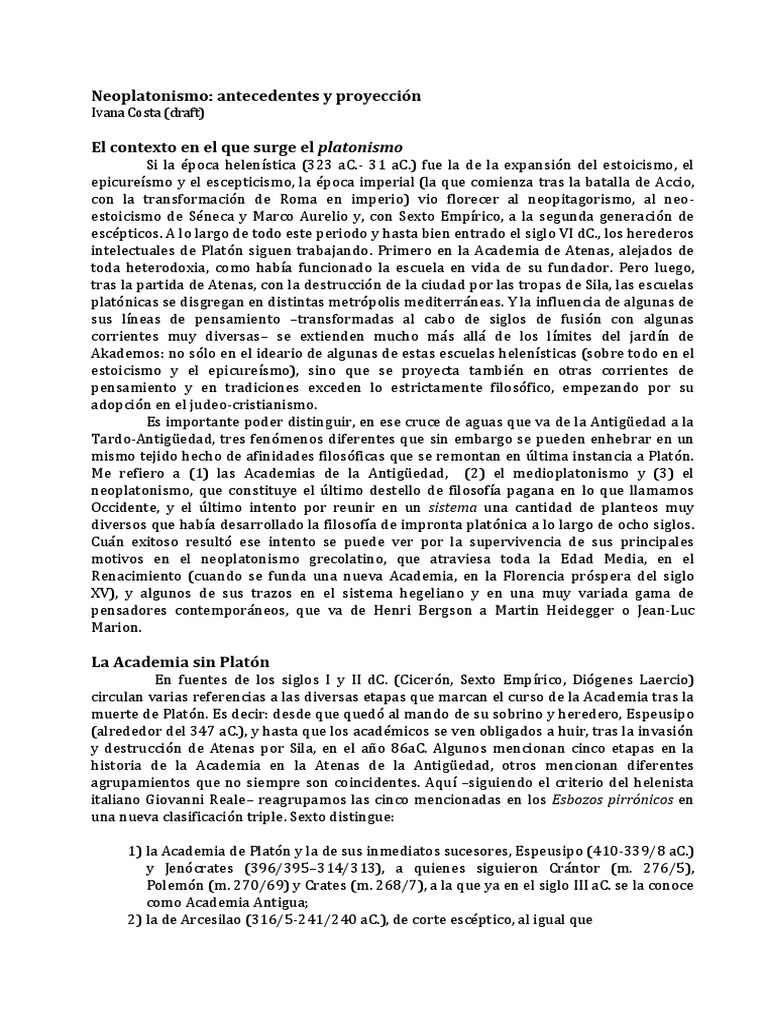 Neoplatonismo - Antecedentes y Proyecciones | PDF | Platón | Aristóteles