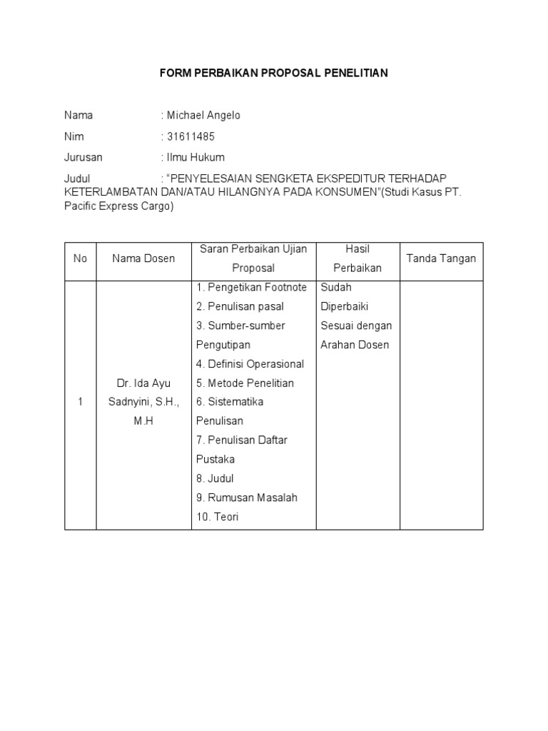 Form Perbaikan Proposal Penelitian | PDF