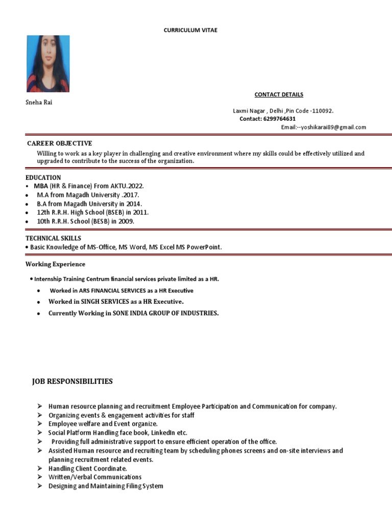Sneha 1994 CV | PDF | Human Resources | Recruitment