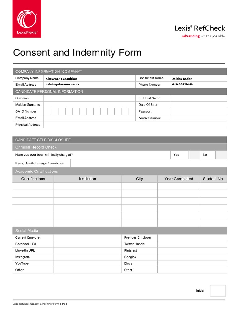 LexisNexis Consent & Indemnity Form | PDF | Background Check | Justice