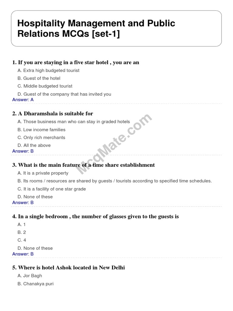 Hospitality Management MCQs Set 1 | PDF | Hotel | Meal