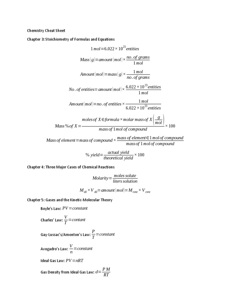 Chemistry Cheat Sheet | PDF | Mole (Unit) | Gases