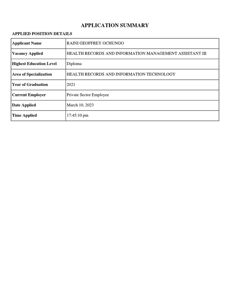 Application Summary | PDF | Health Care