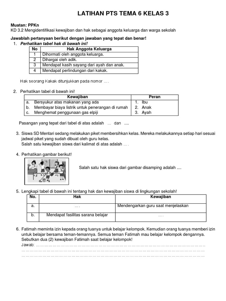 Latihan PTS Tema 6 Kelas 3 | PDF | Metode & Bahan Ajar