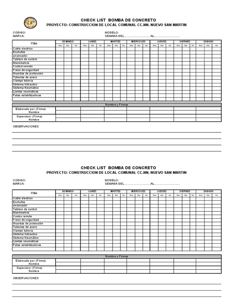 Check List Bomba de Concreto | PDF