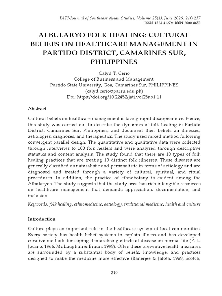 Albularyo Folk Healing: Cultural Beliefs On Healthcare Management in ...