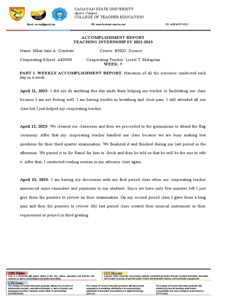 CSU Aparri Campus Teaching Internship Accomplishment Report | PDF | Teacher Education | Mentorship