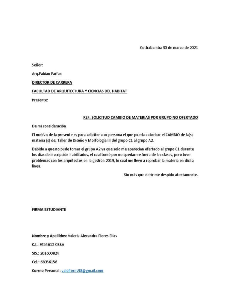 Carta Cambio de Materia Vale | PDF