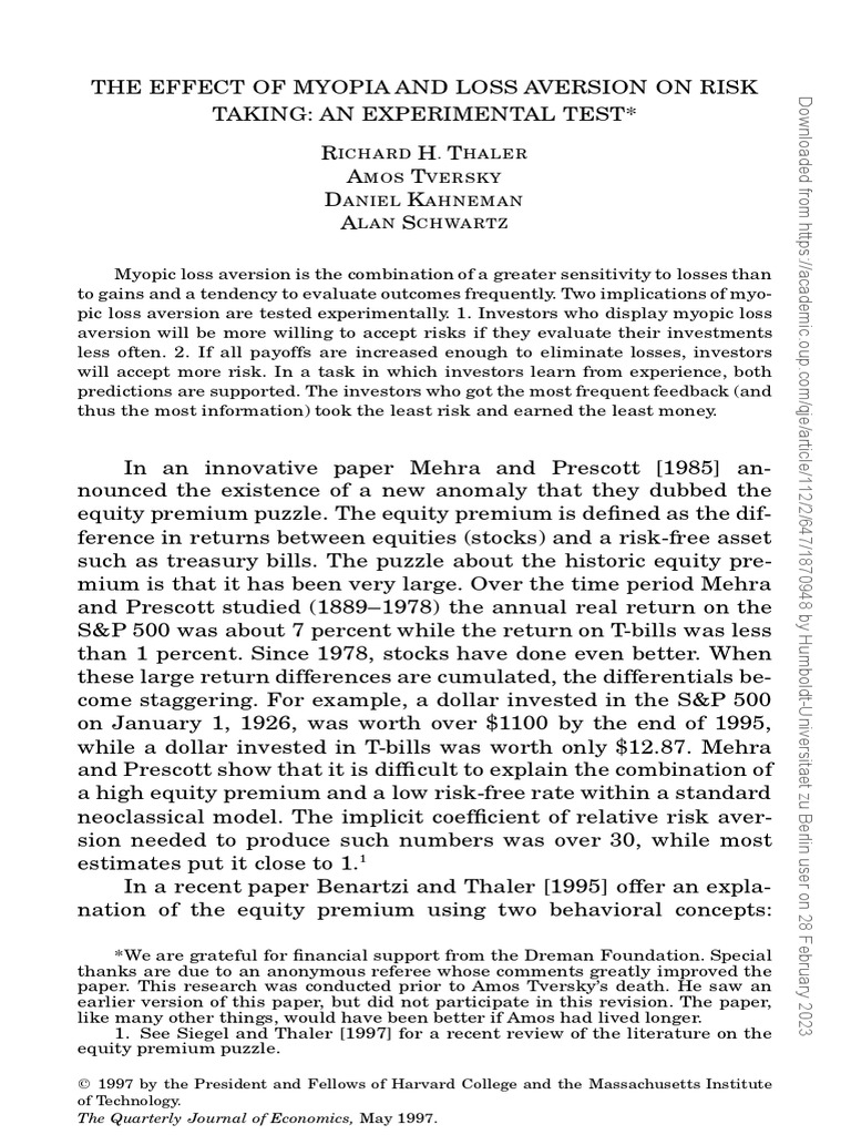 Thaler 1997 The Effect of Myopia and Loss Aversion On Risk Taking | PDF ...